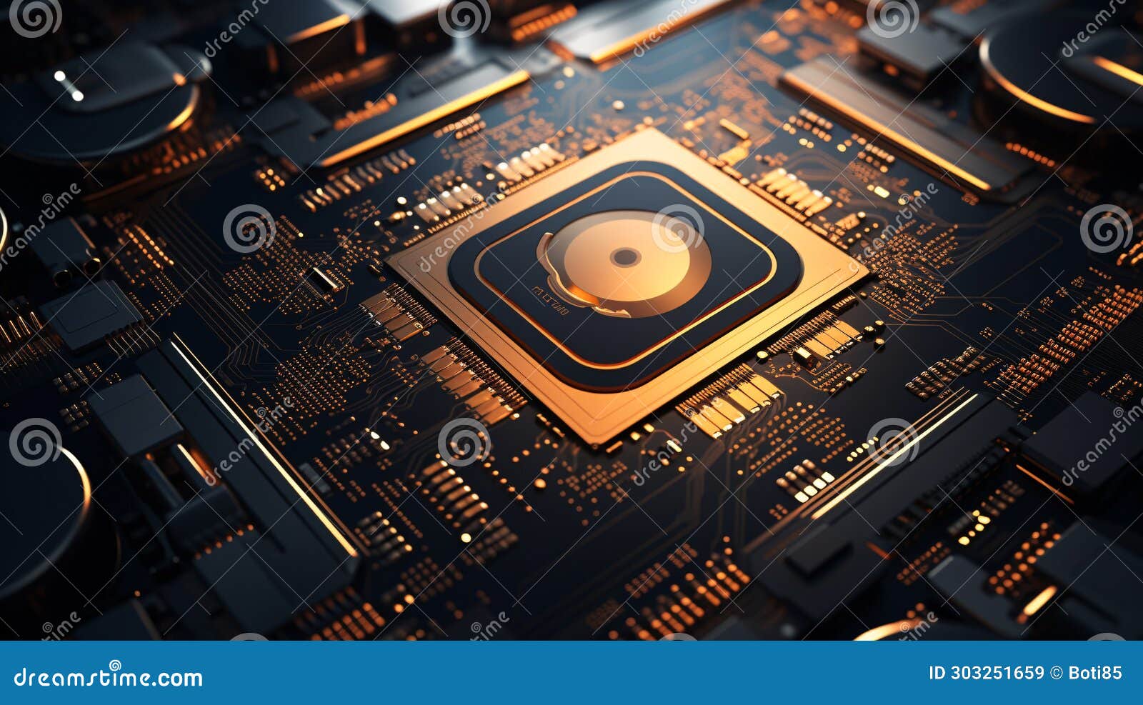 Close Up Representation of a Quantum Processor Chip with Lights Around ...