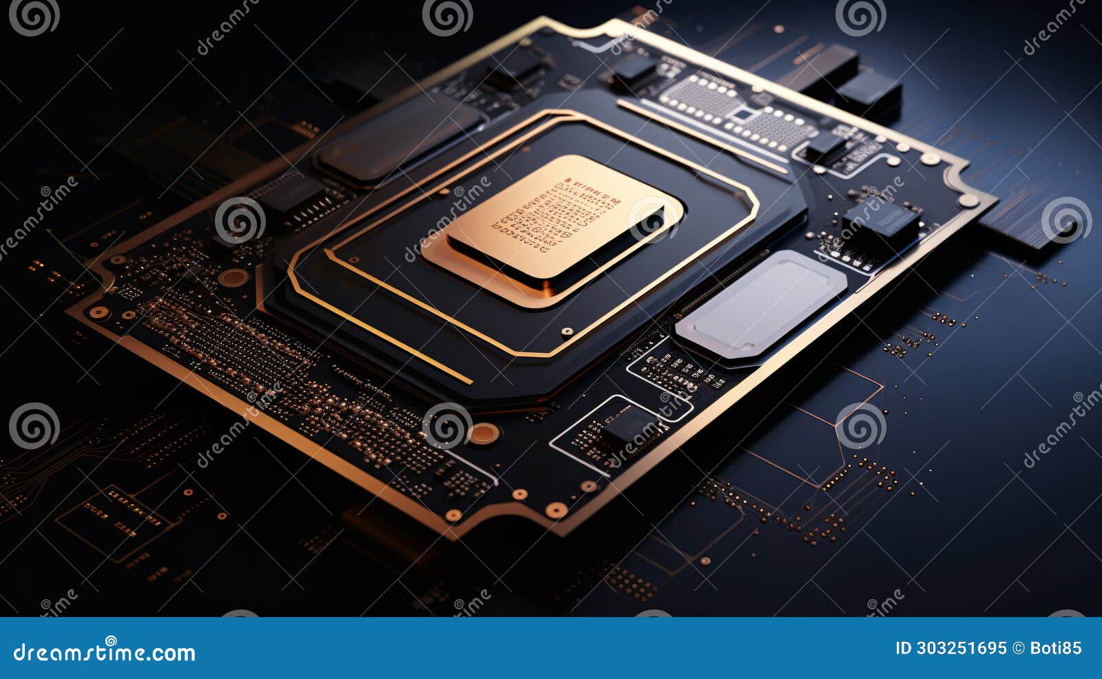 Close Up Representation of a Quantum Processor Chip with Lights Around ...