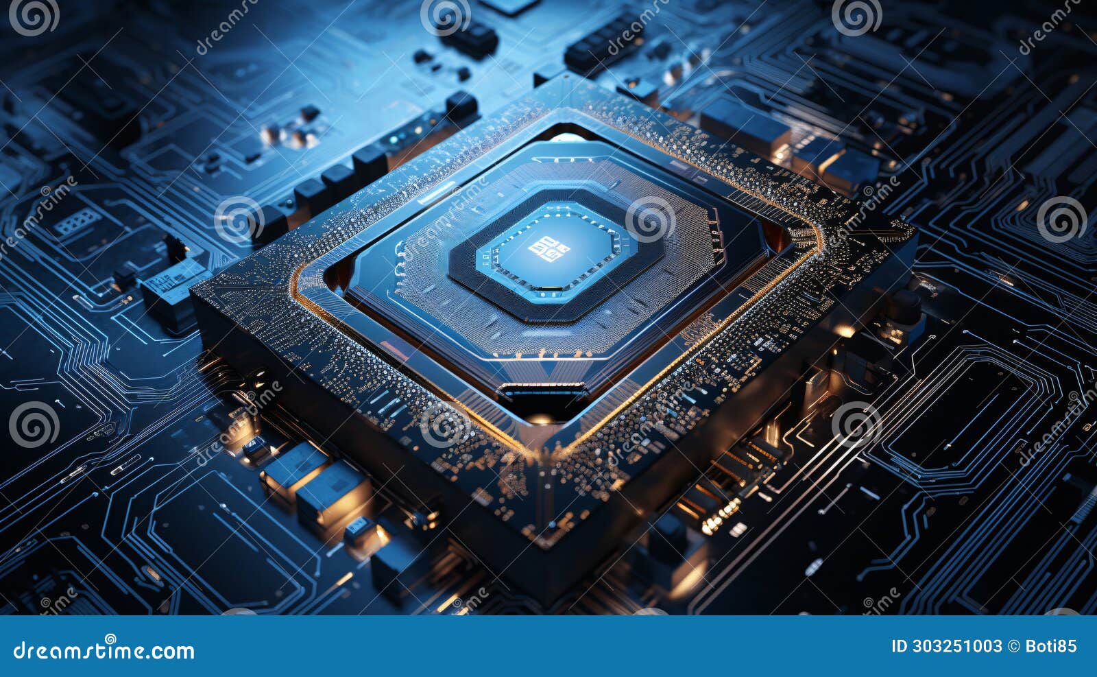 Close Up Representation of a Quantum Processor Chip with Lights Around ...