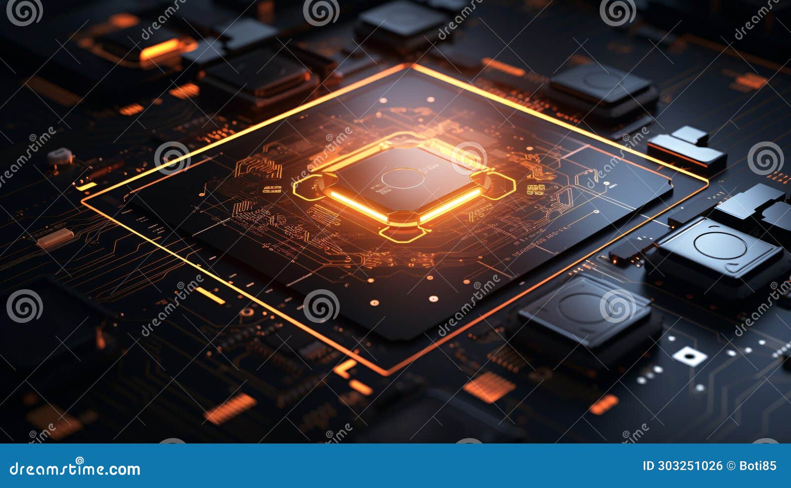 Close Up Representation of a Quantum Processor Chip with Lights Around ...