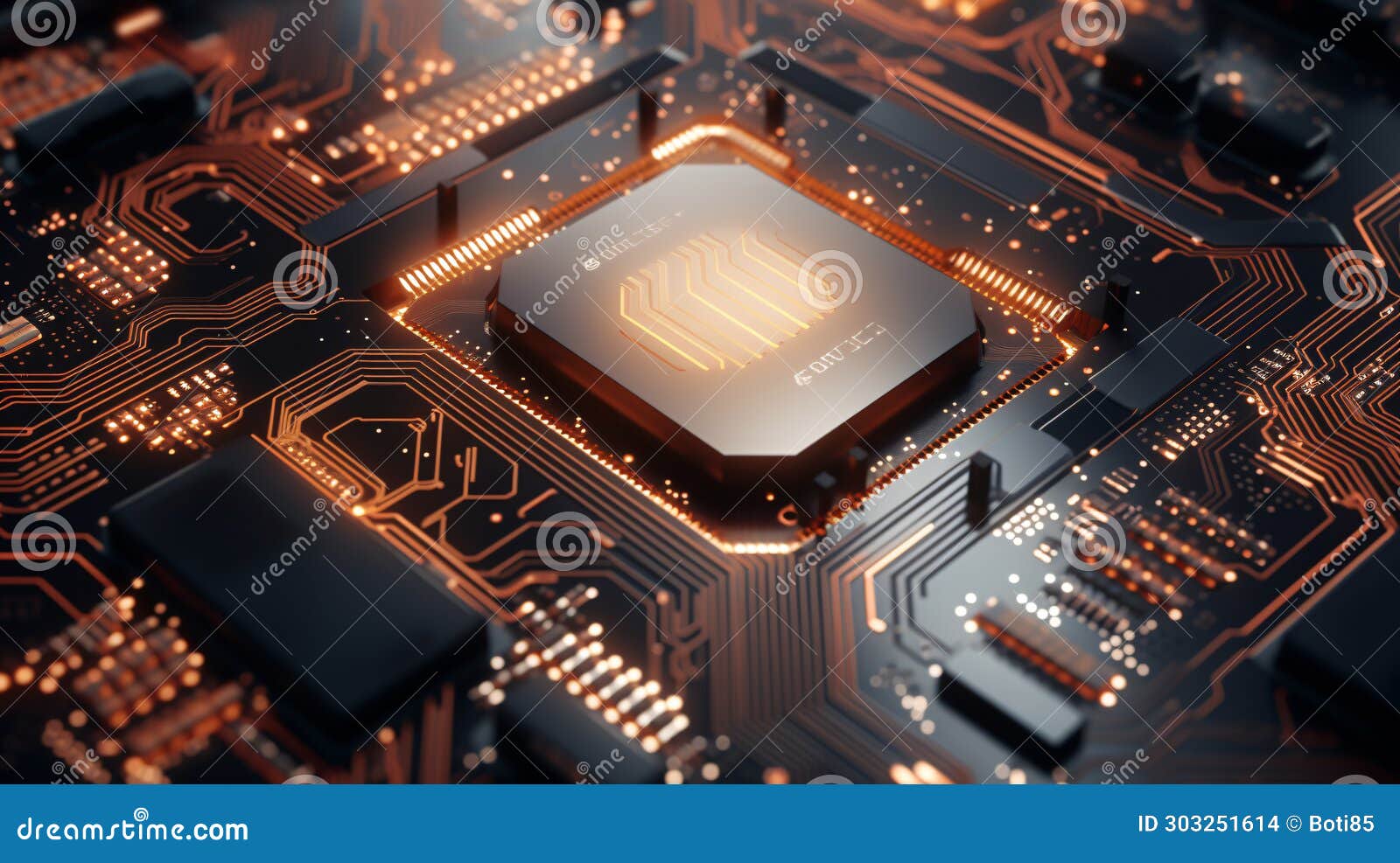 Close Up Representation of a Quantum Processor Chip with Lights Around ...