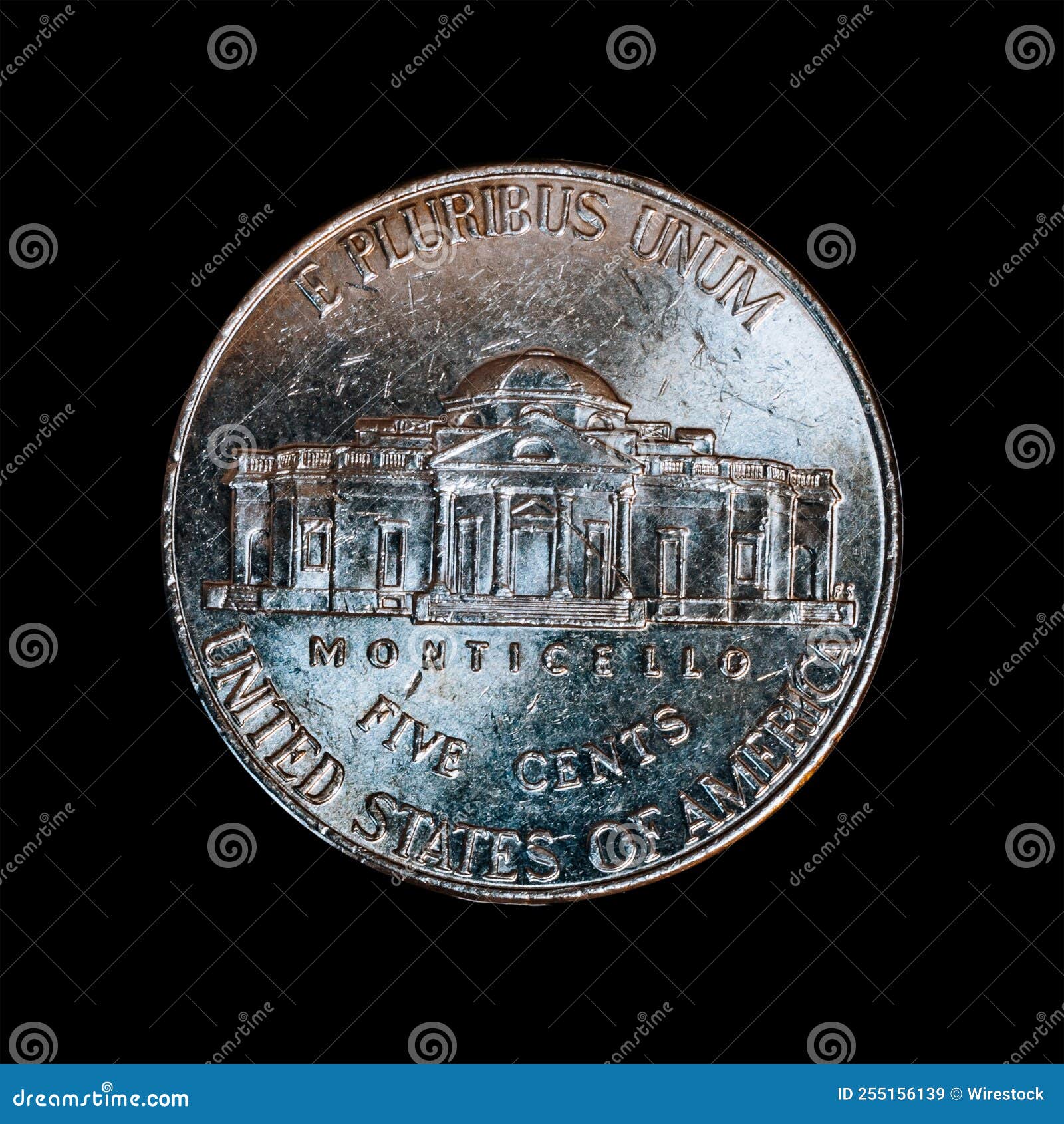 Close Up of a Reverse Jefferson Nickel Isolated on Black Background ...