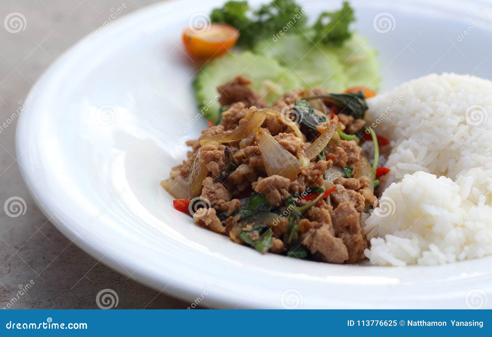 Close Up Rice Topped with Stir Fried Minced Pork and Basil Stock Image ...