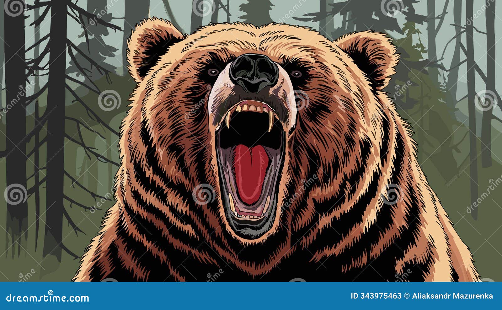 Close-up of a Roaring Grizzly Bear with Bared Teeth. Stock Vector ...
