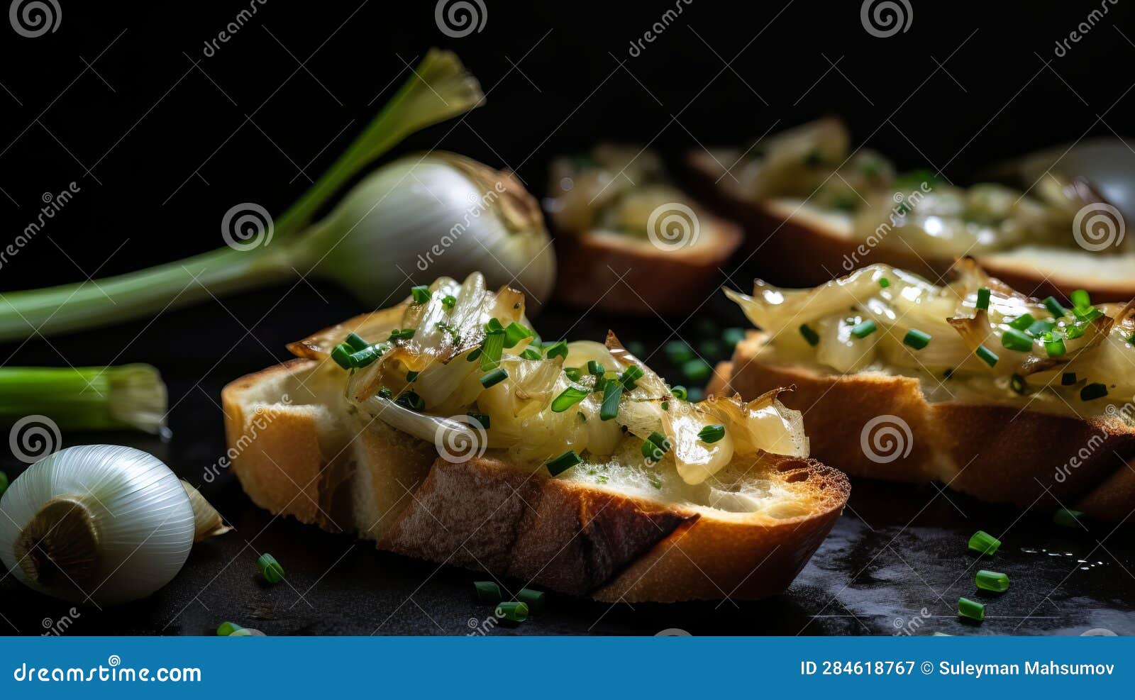 Close-up of Roasted Green Garlic Crostini Stock Image - Image of food ...