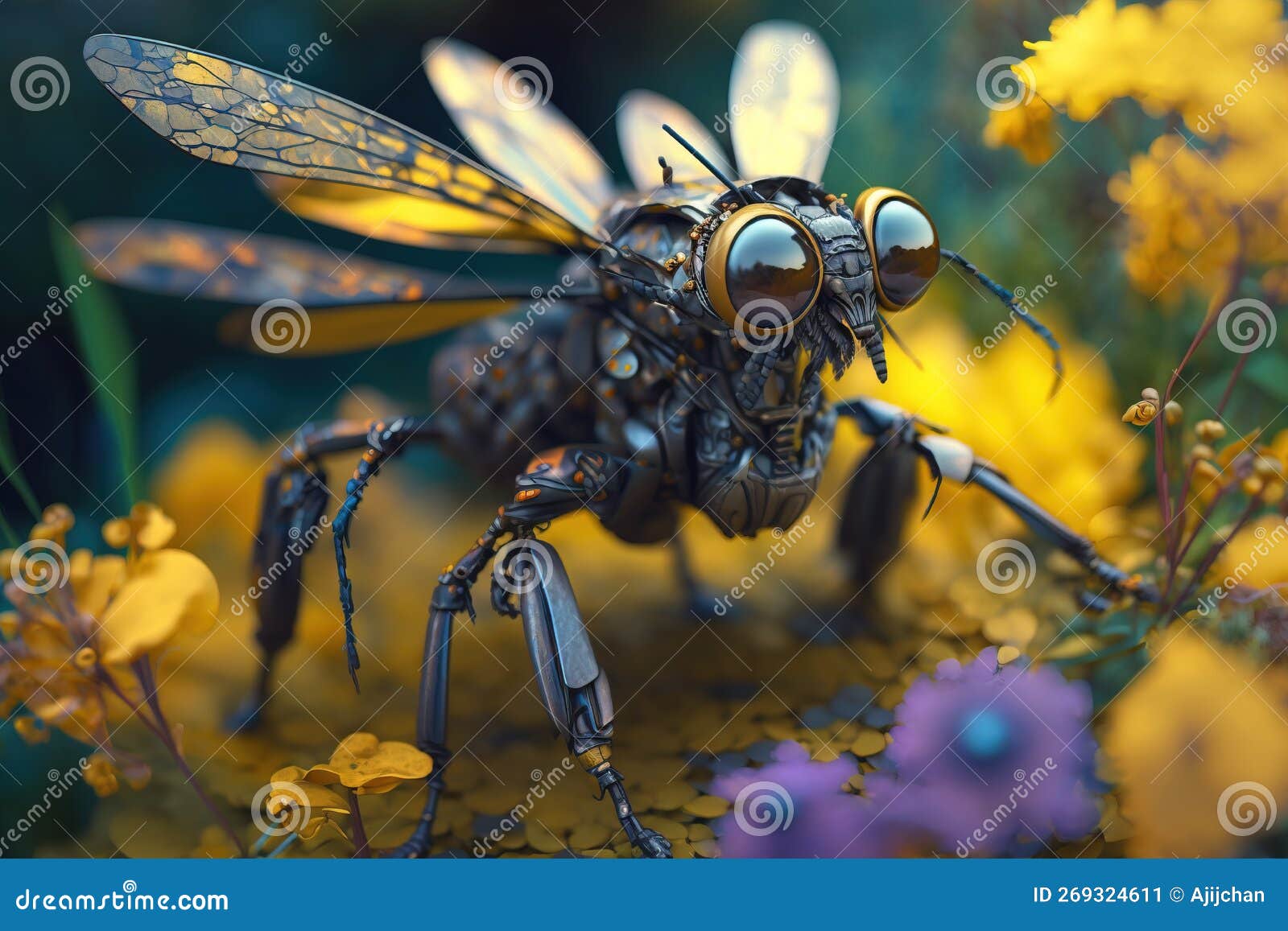 Close Up of a Robot Dragon Fly Sitting on a Flower in the Outdoor ...