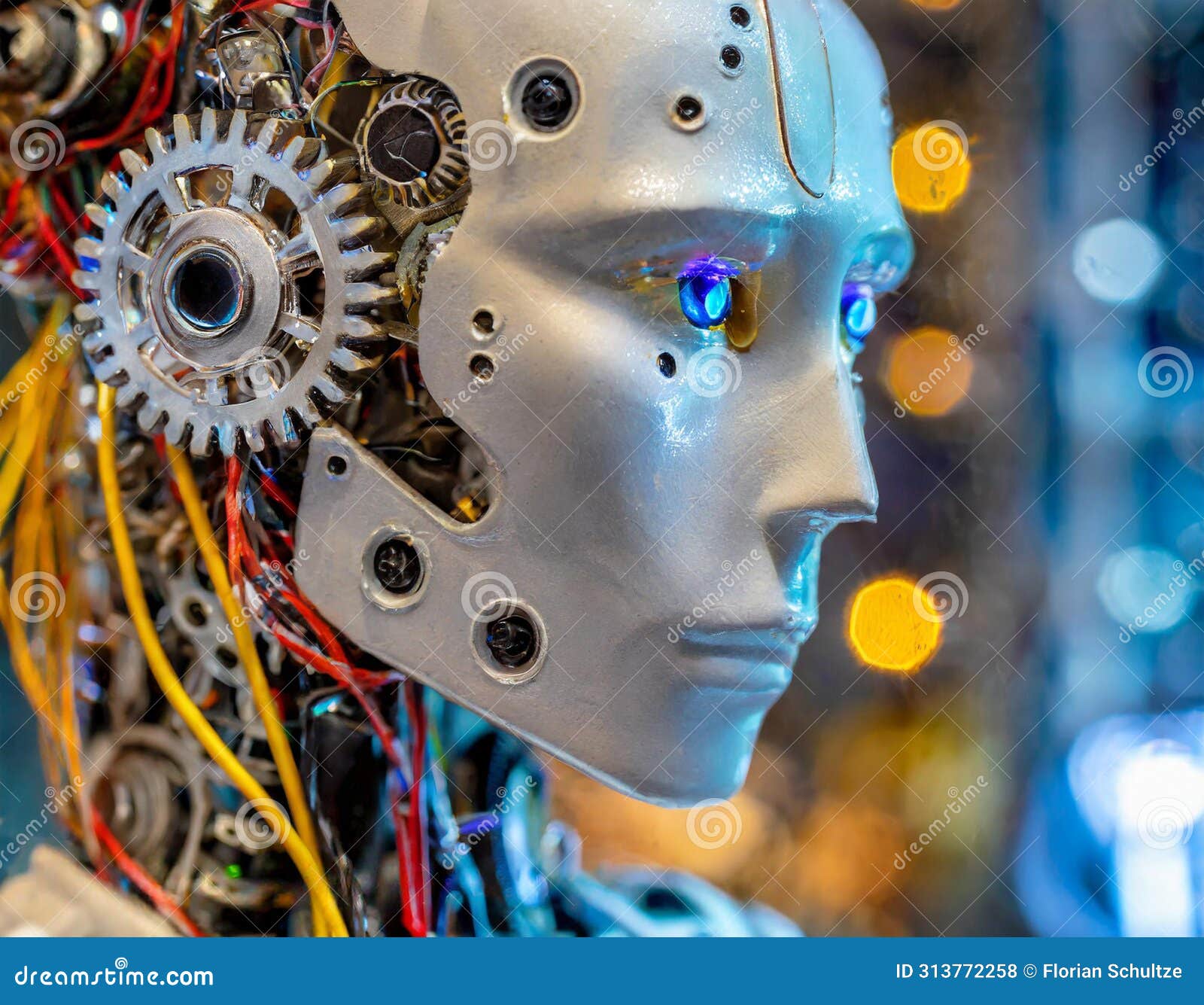 A Close Up of a Robot Head with Gears and Wires Stock Illustration ...