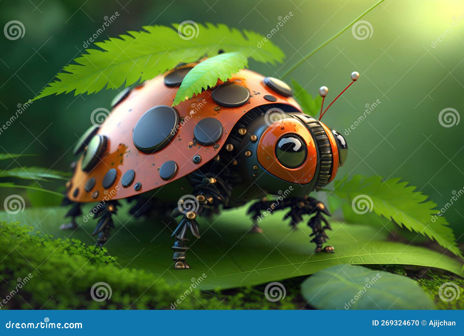 Close Up of a Robot Ladybug Sitting on Leaves in the Outdoor ...