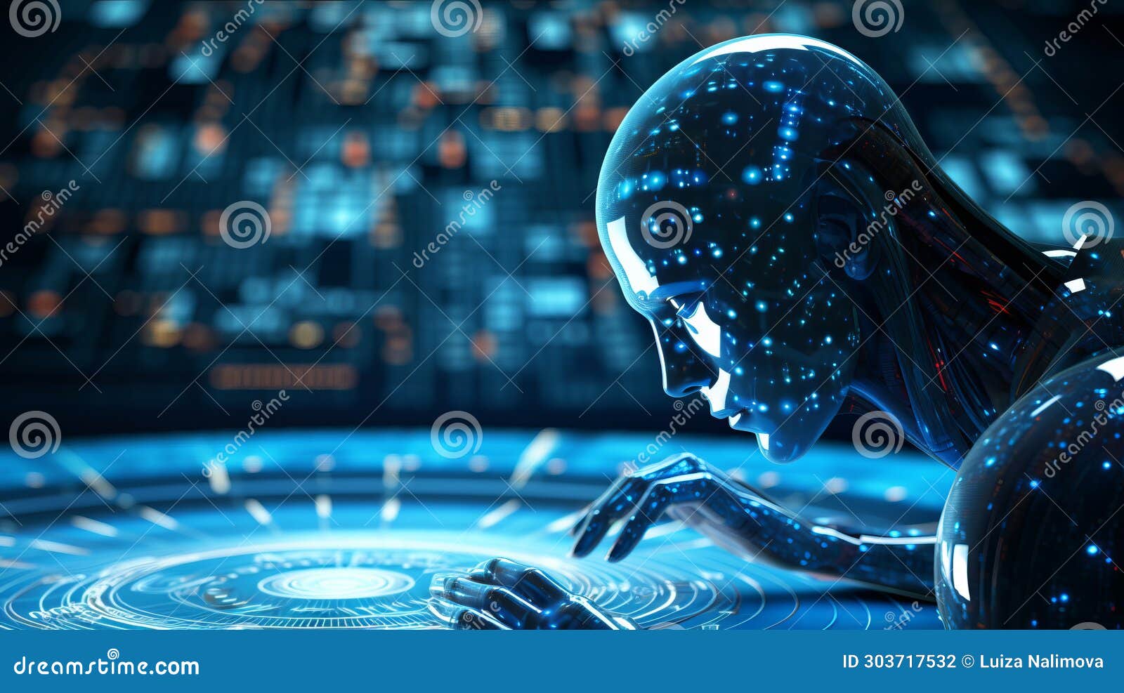 Close-up the Robot Man Bent Over a Map of the Planets. Stock ...