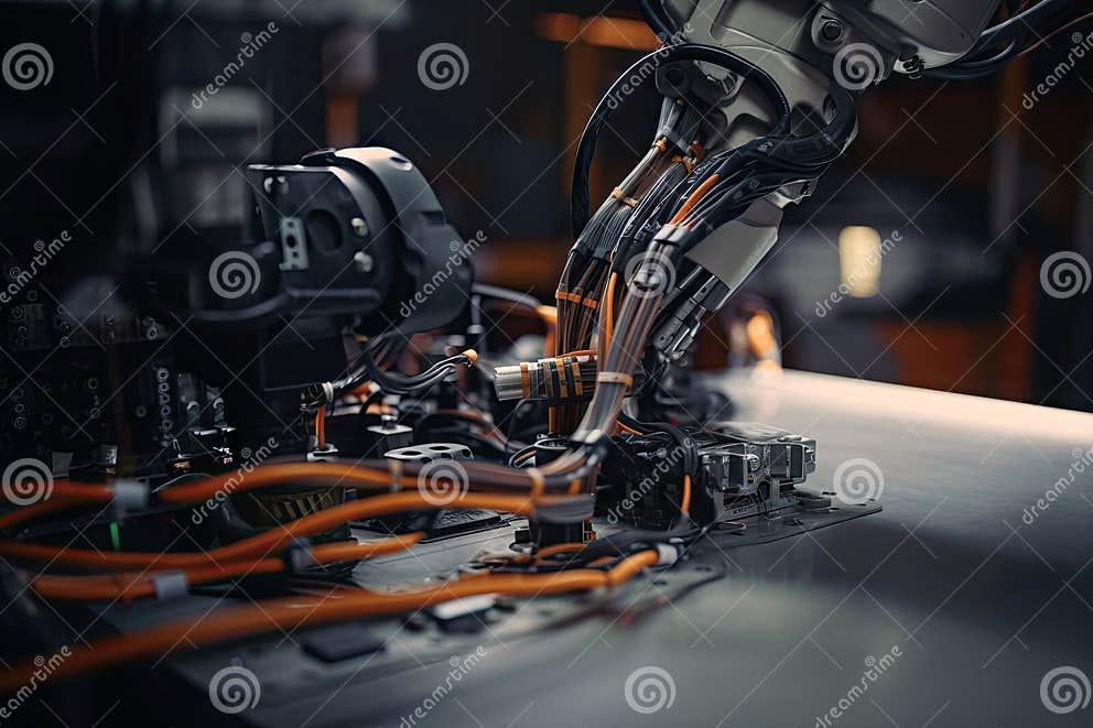 Close-up of a Robotic Arm with Greasy Cables, Working on a Machine ...