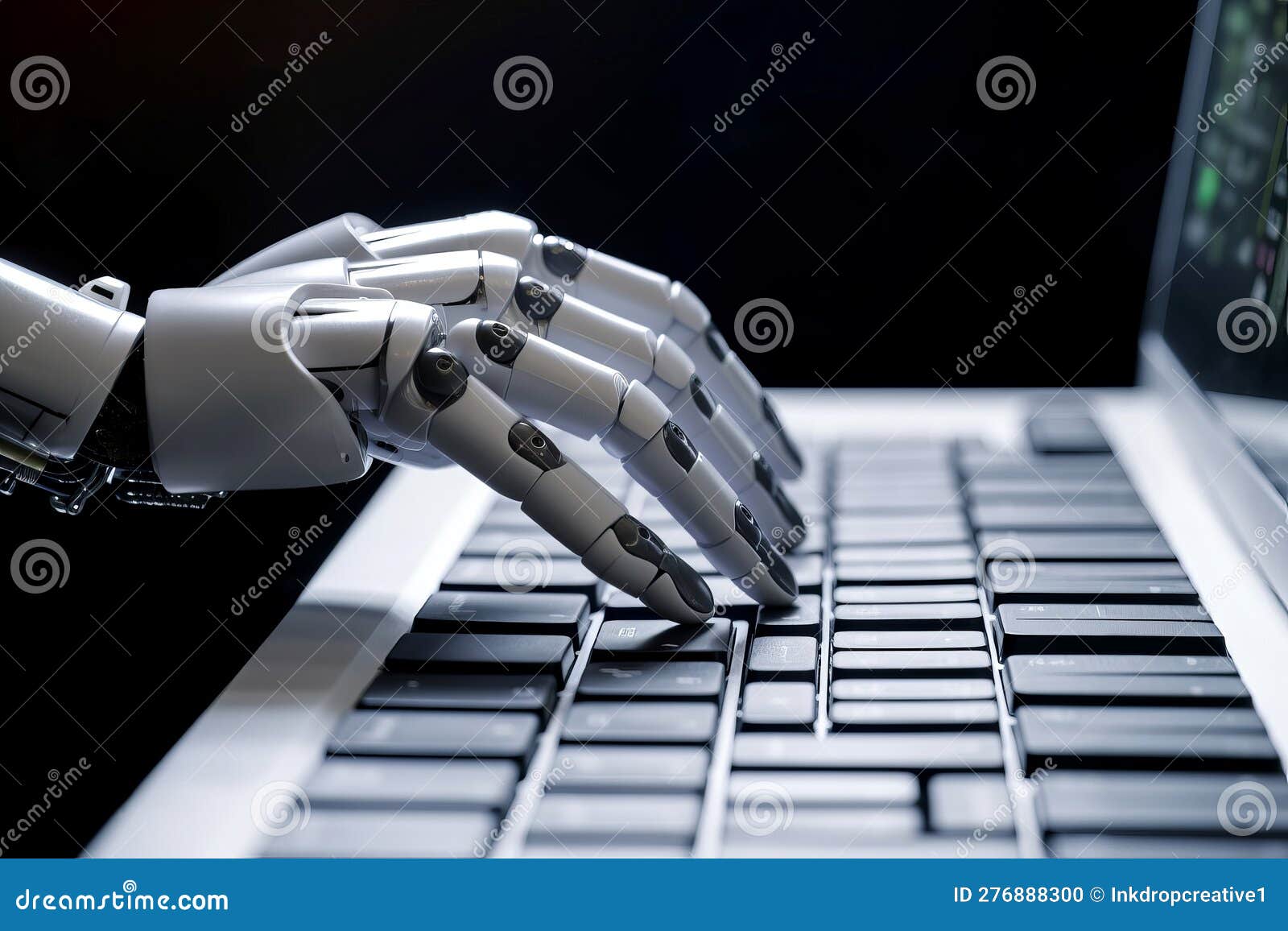 Close Up of a Robotic Artificial Intelligence Hand Typing on a Computer ...