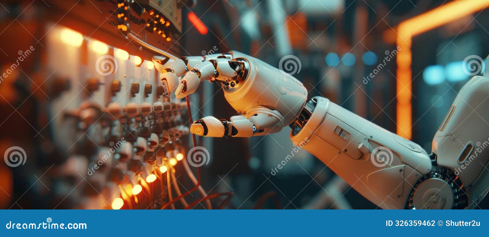 Closeup of Robotic Hand at Control Panel Emergency Light Flashing Stock ...