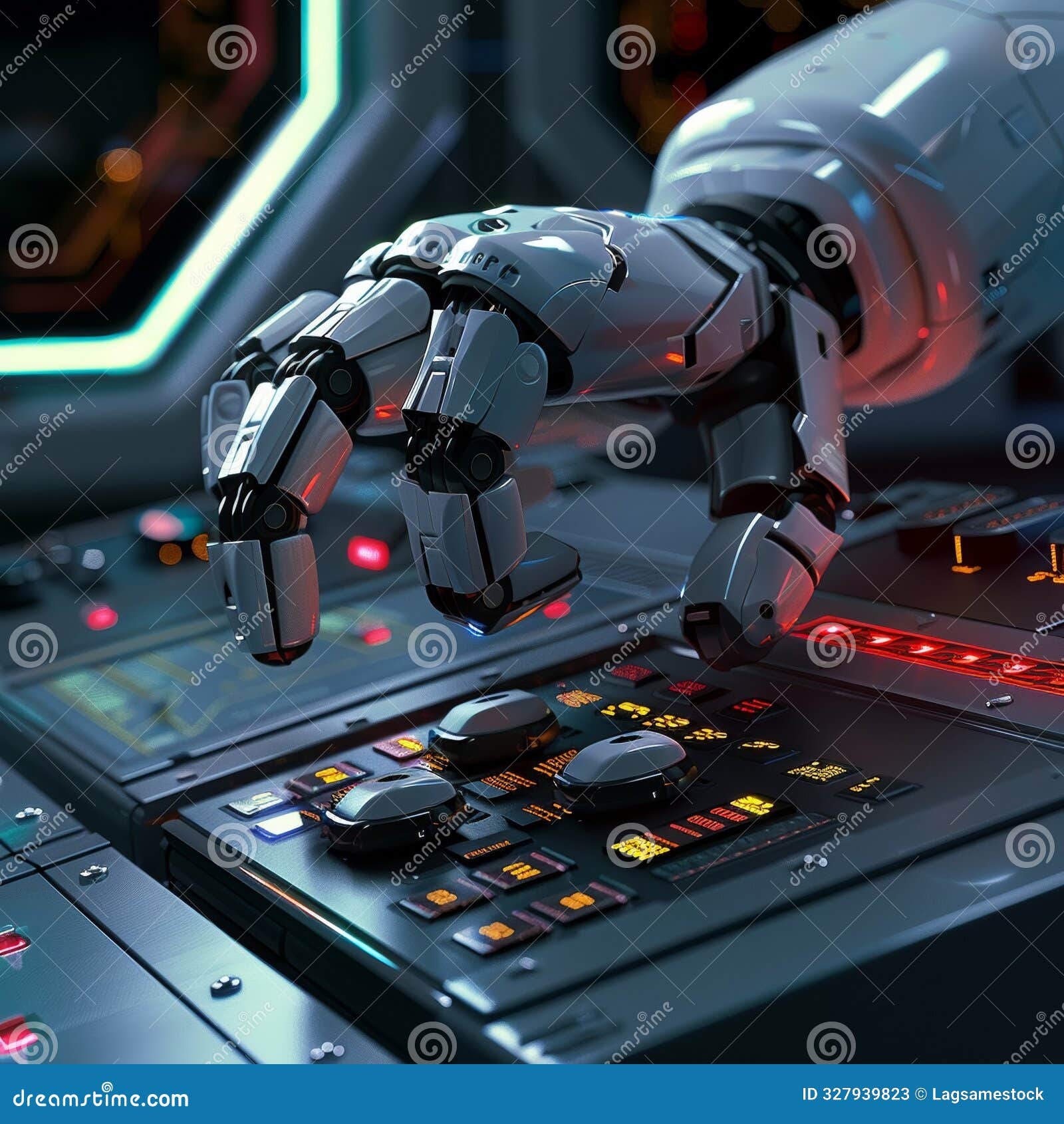 Closeup of Robotic Hand at Control Panel Emergency Light Flashing Stock ...