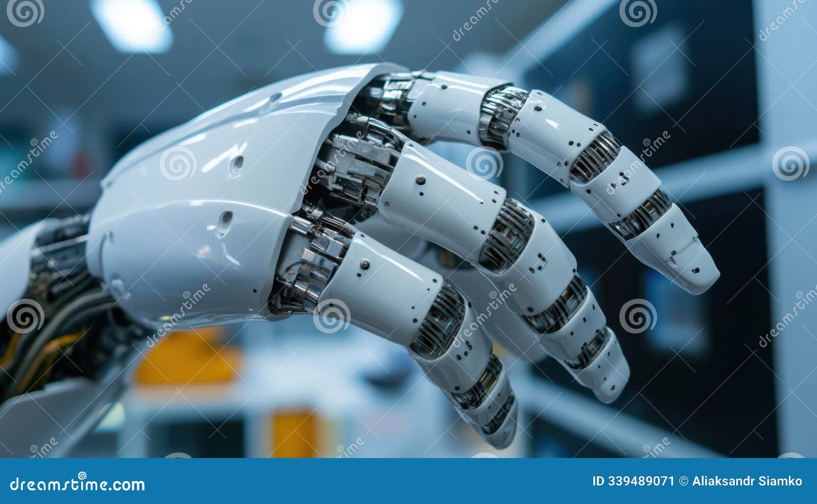 Close-up of a Robotic Hand Interacting with Human Technology Stock ...