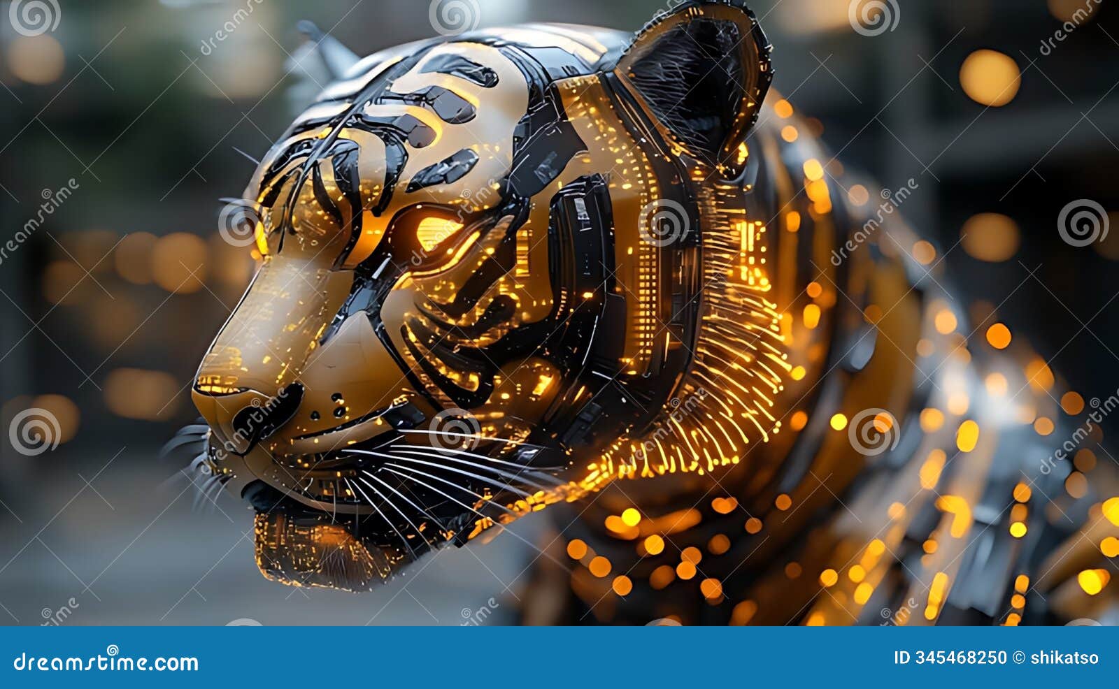 A Close-up of a Robotic Tiger S Head with Glowing Lights Stock ...