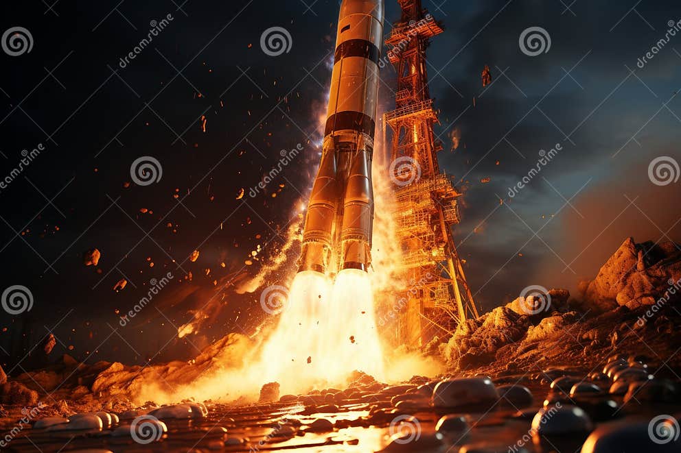 Close Up of Rocket Engine Ignition Powerful Flames Bursting from Nozzle ...