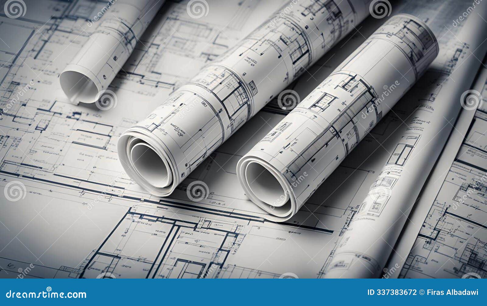 Close-up of Rolled-up Blueprints with Technical Drawings. Stock ...
