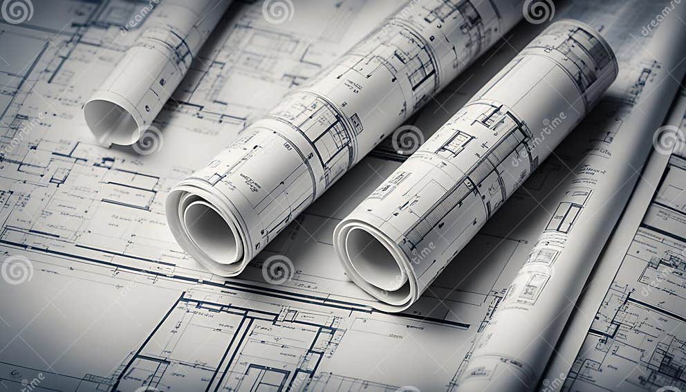Close-up of Rolled-up Blueprints with Technical Drawings. Stock ...