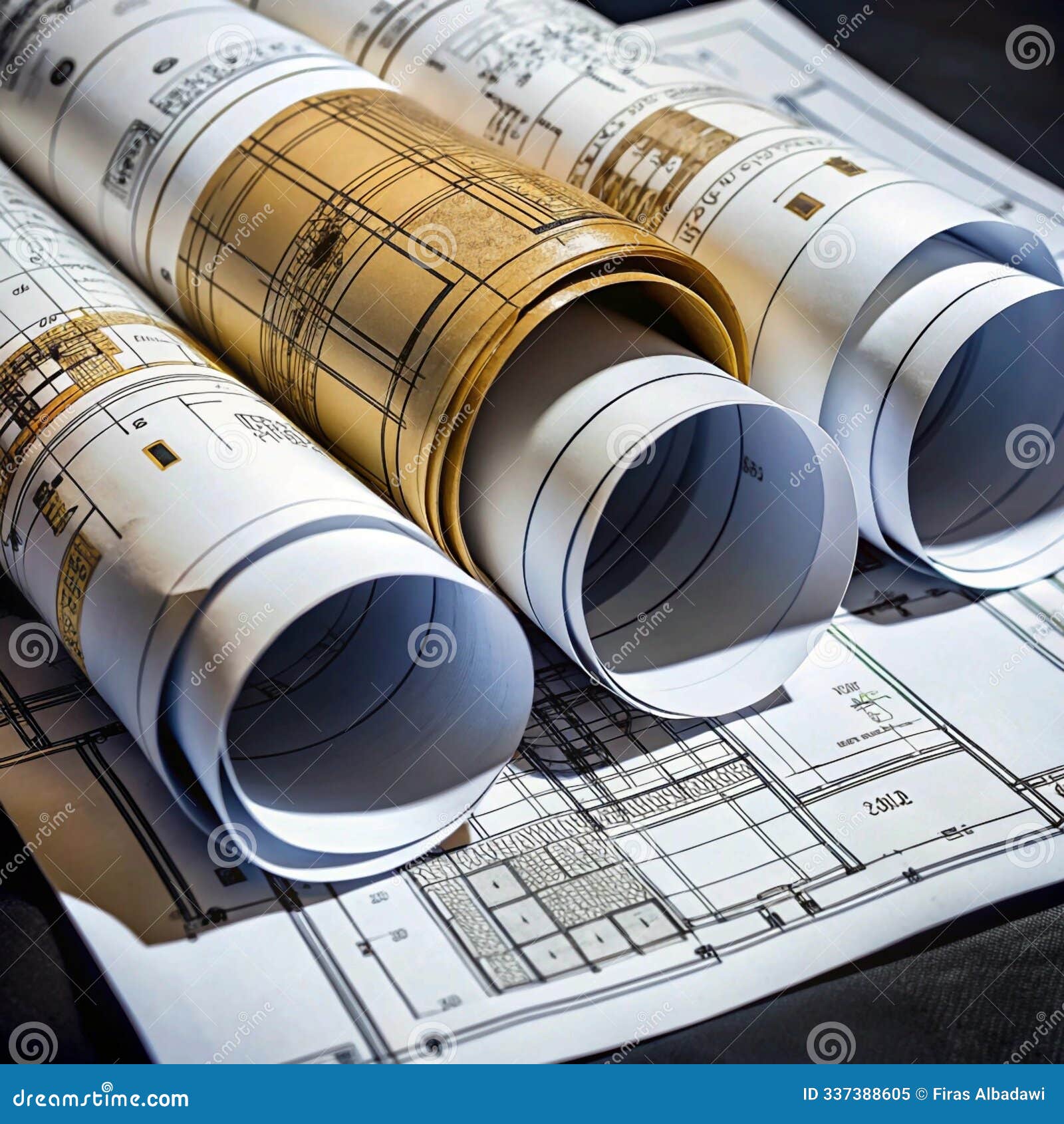 A Close-up of Rolled-up Blueprints with Technical Drawings. Stock ...