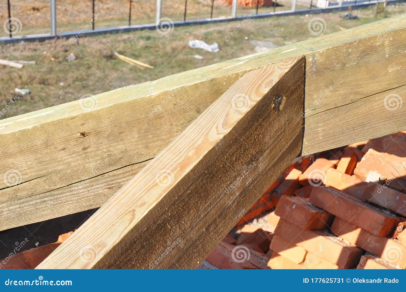 Close-up on the Roof Framing, Installation of Two End Trusses Stock ...