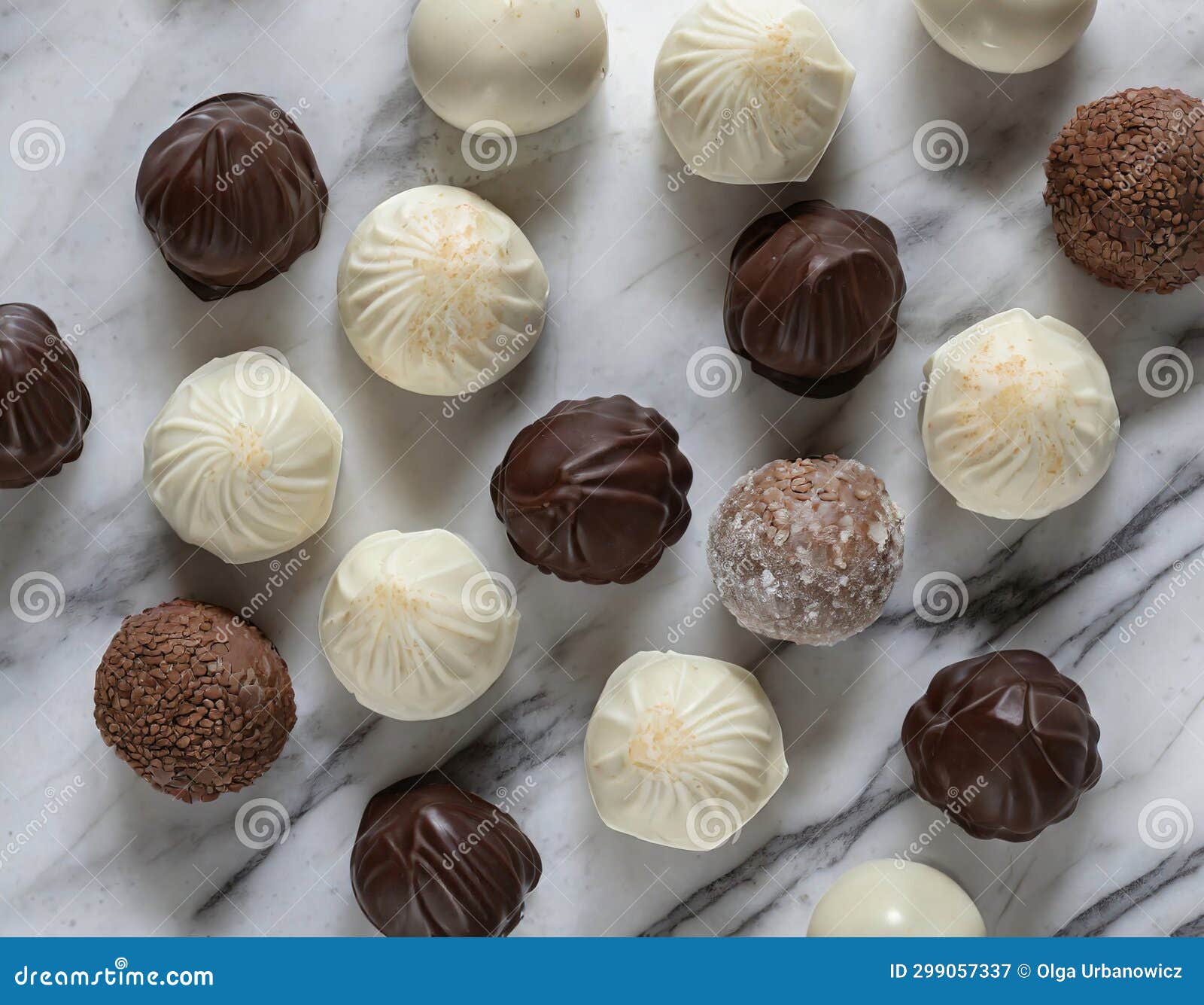 Close-up of Round Chocolates with Various Toppings, Lying on a White ...