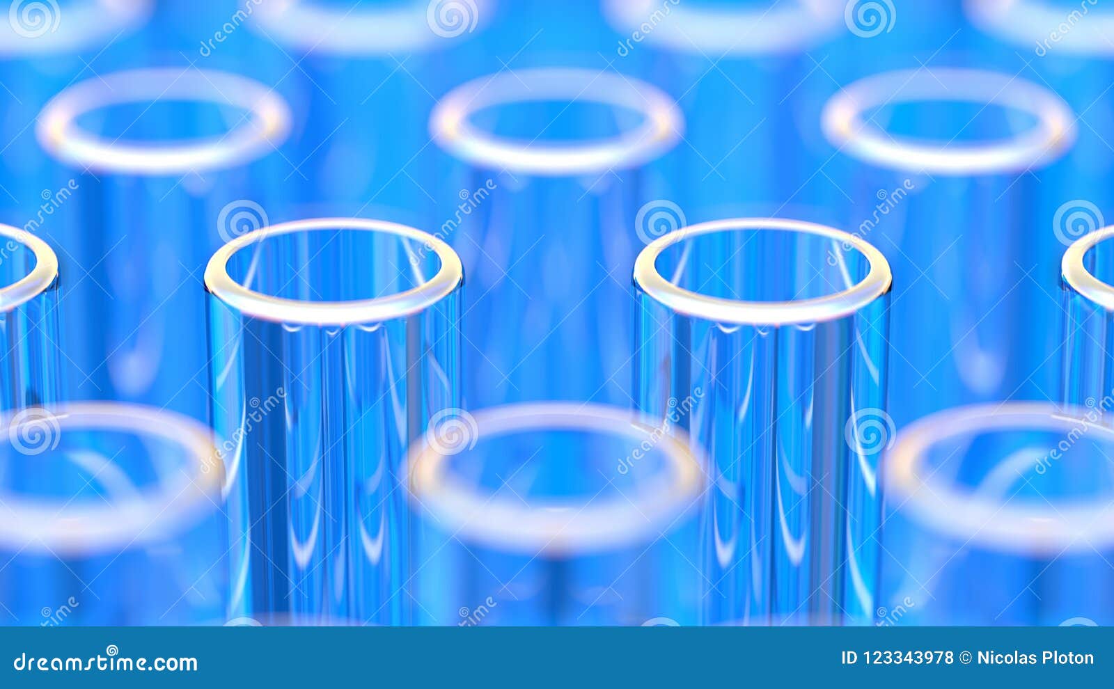 Close Up on Rows of Glass Test Tubes, with Blue Reflections Stock ...