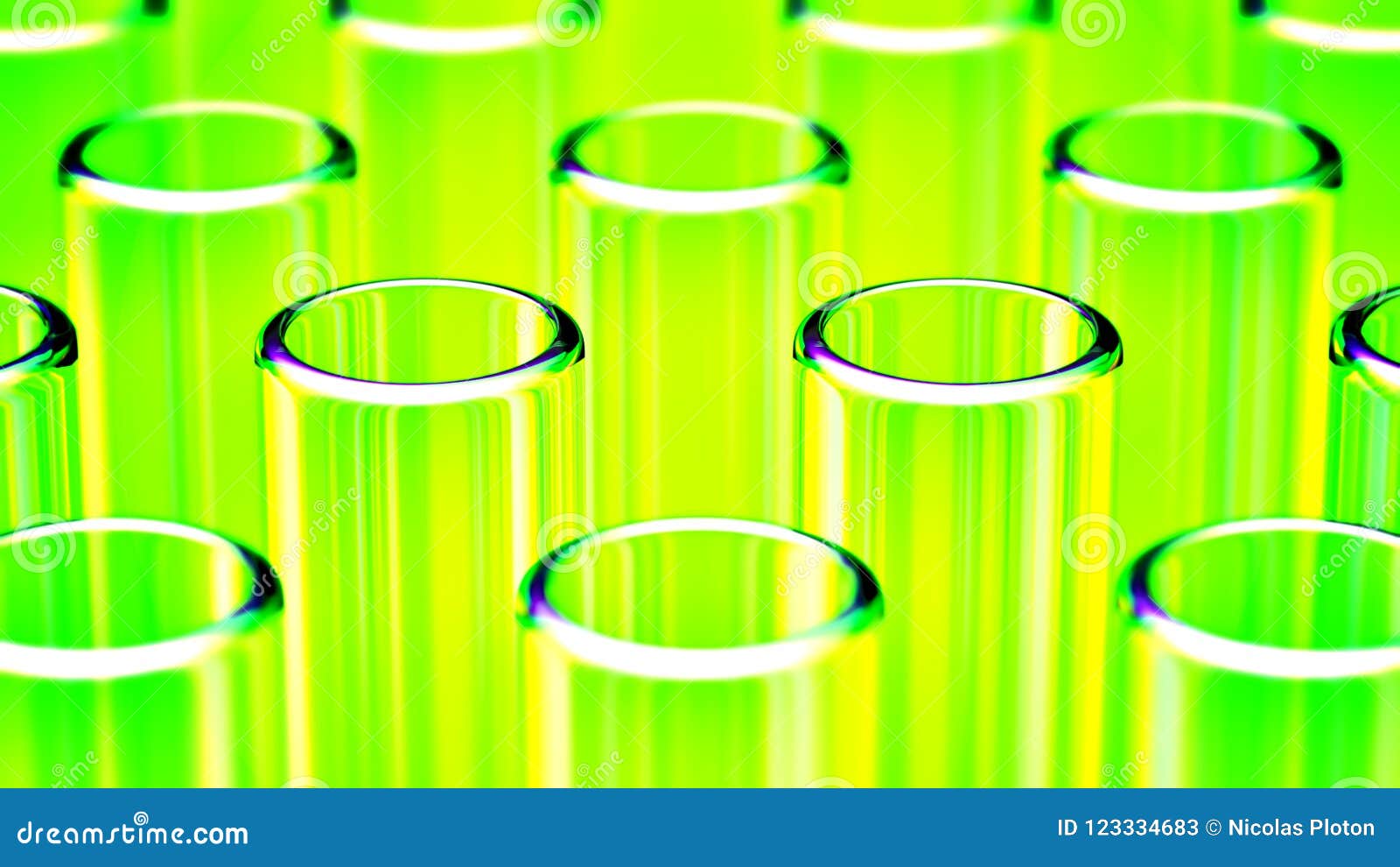 Close Up on Rows of Glass Test Tubes, with Green Reflections Stock ...