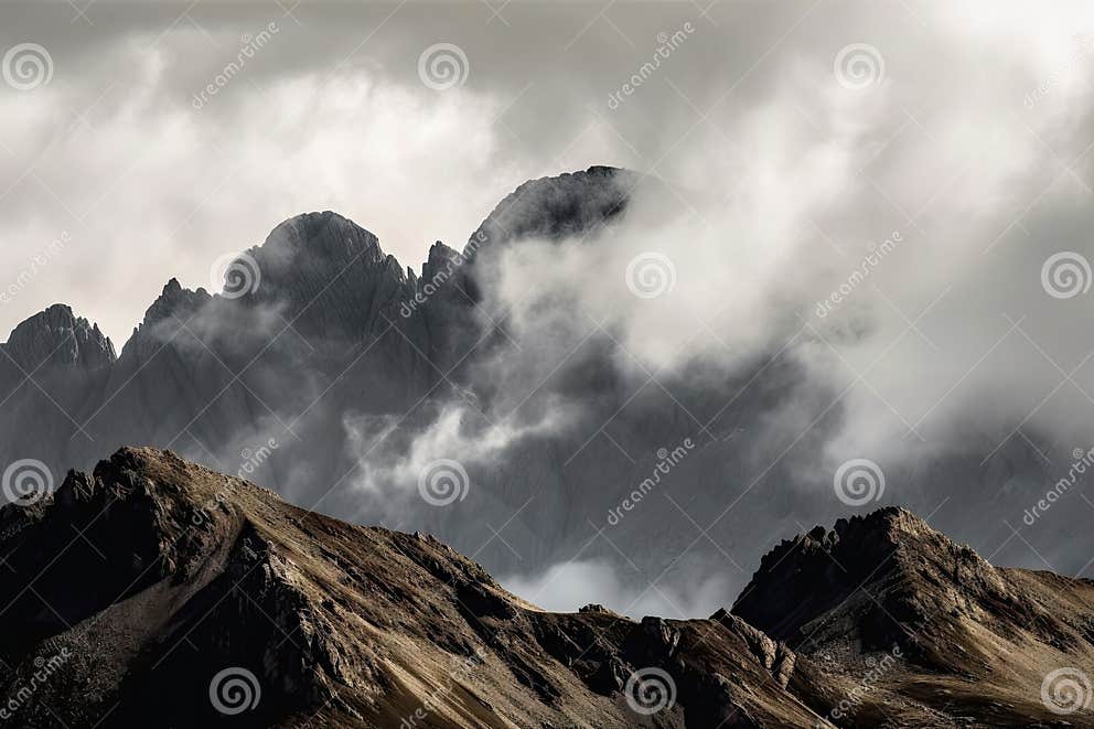 Close-up of Rugged Mountain Range, with Wind and Clouds Sweeping the ...