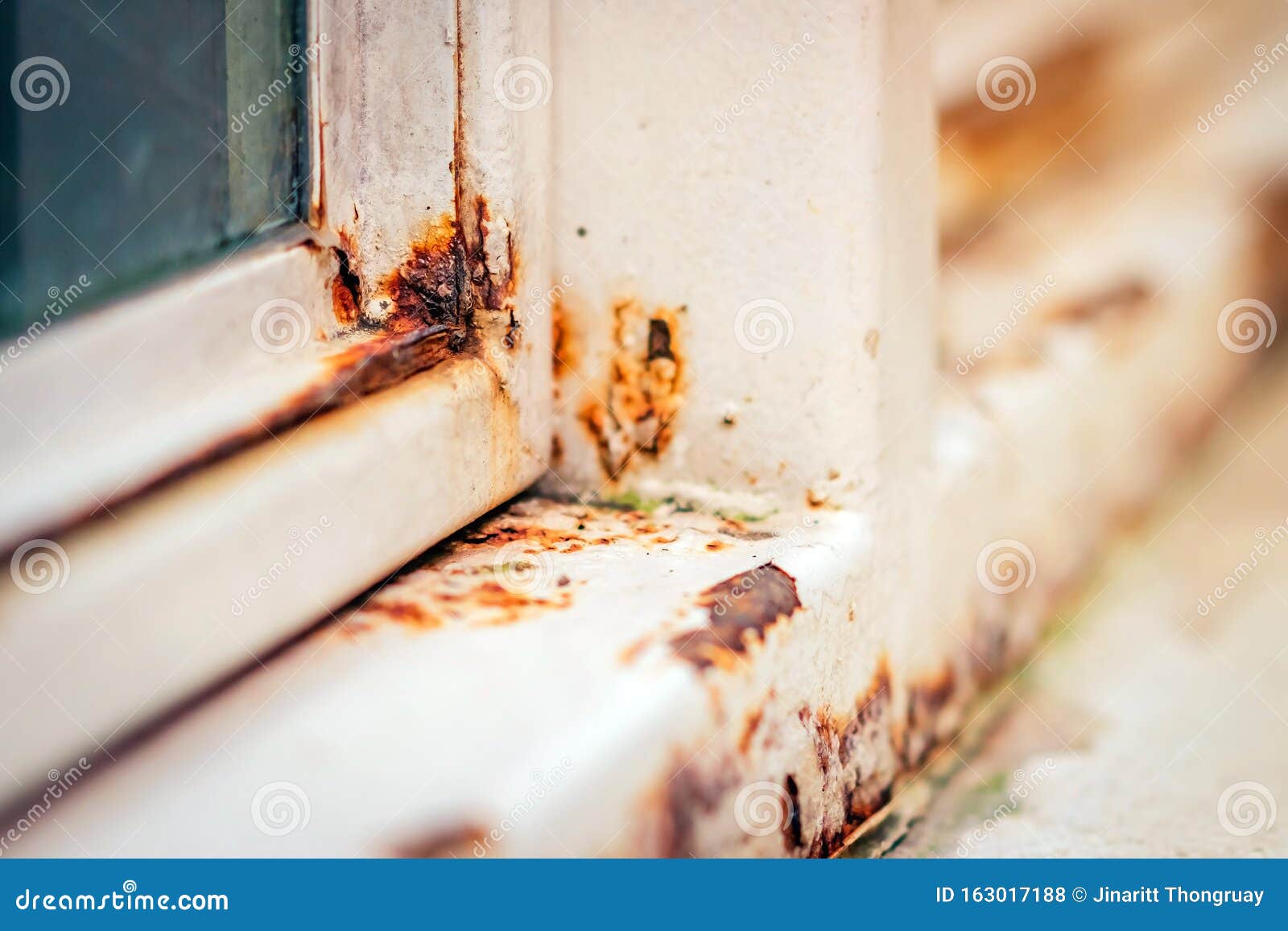 Close Up of Rust on an Old White Iron Window in the Corner of the Frame ...