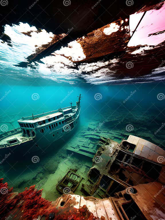 Close Up Rusting Shipwreck Deep Underwater, Ai Generated Stock ...