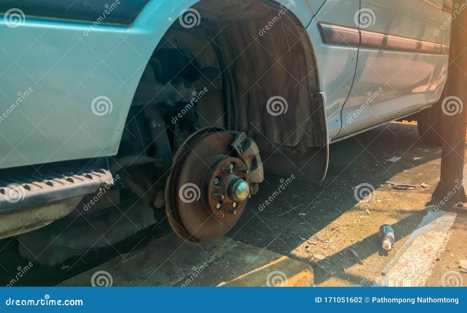 Rusty Broken Car with Missing Wheel Stock Photo - Image of close ...