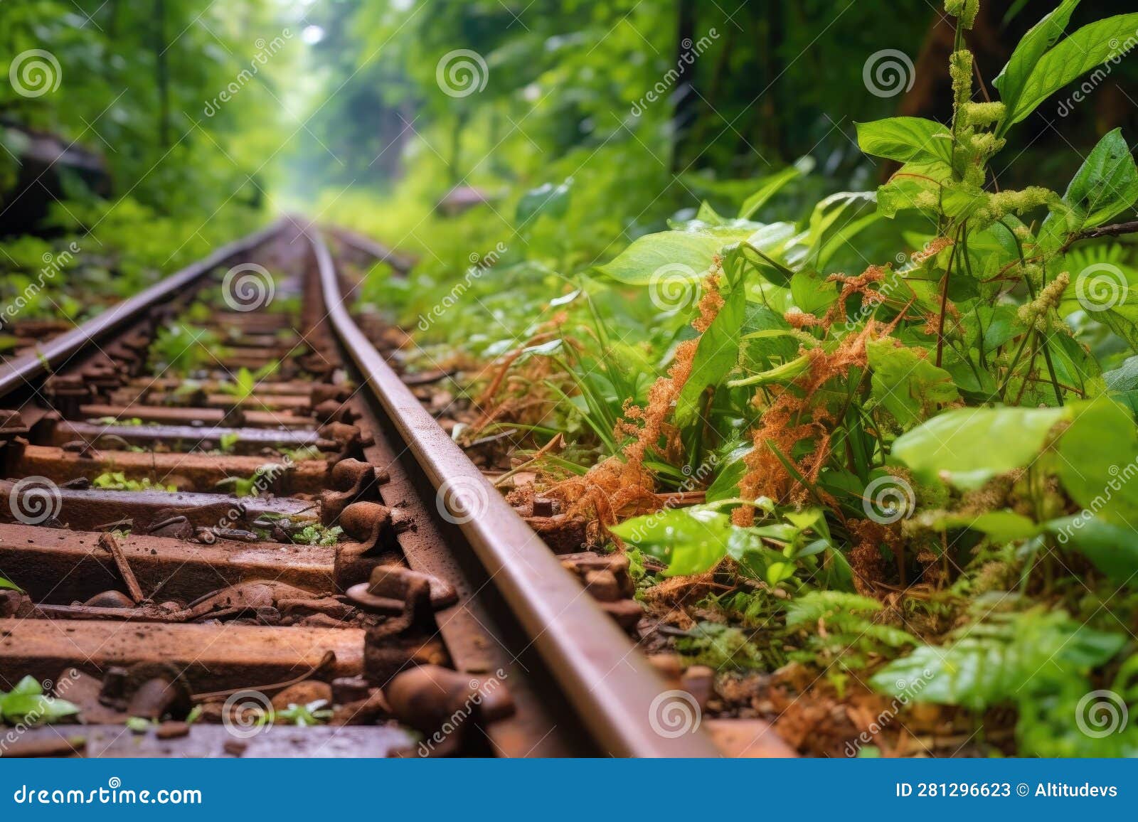 Close-up of Rusty Rail Track with Overgrown Vegetation Stock ...