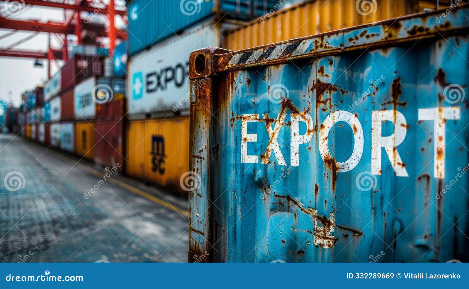 Close Up of a Rusty Shipping Container with the Word EXPORT Prominently ...