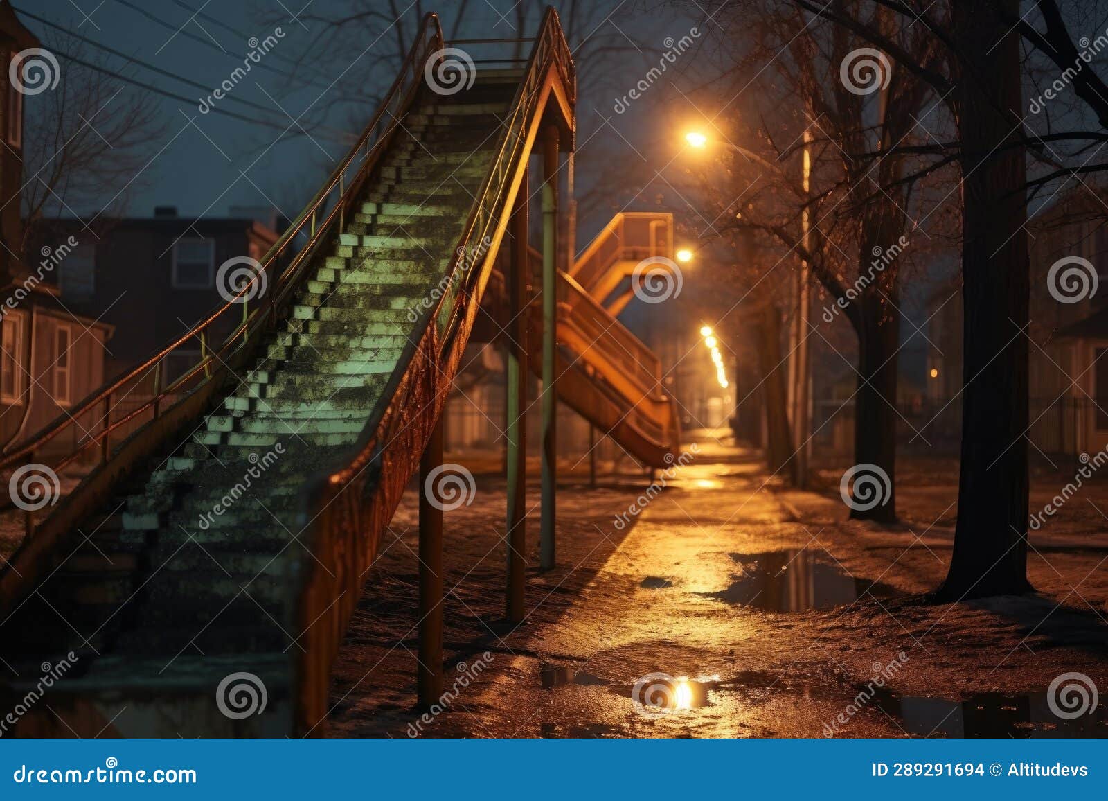 Close-up of a Rusty Slide with Dim Streetlights in the Background Stock ...