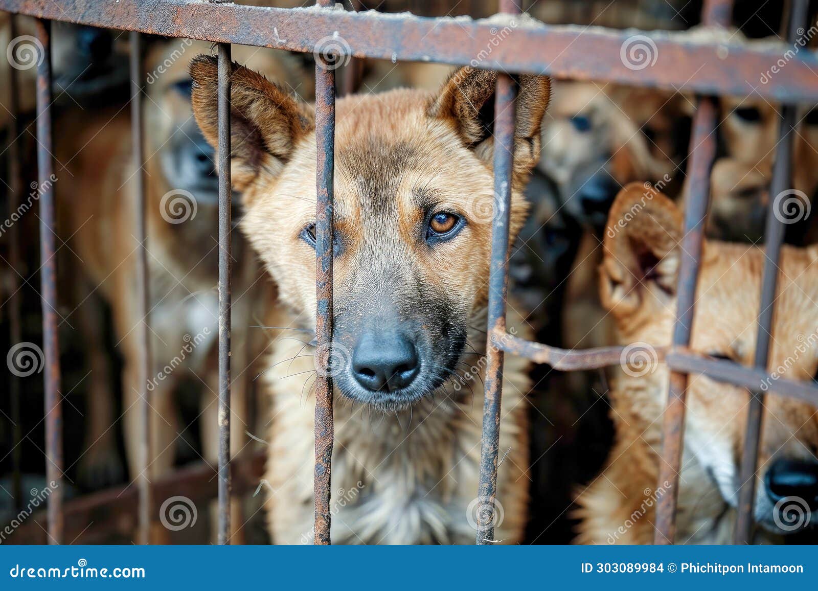 Close Up Sad Large Dogs Caught in Cage. Generative AI Stock Photo ...