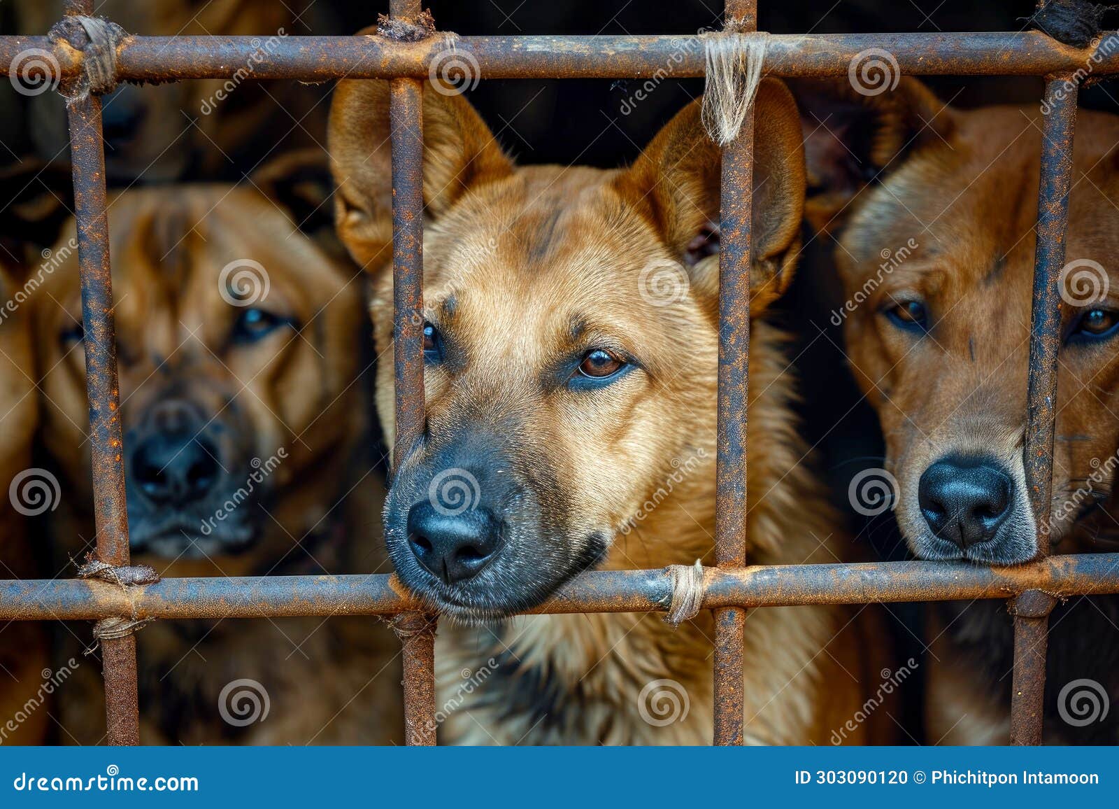 Close Up Sad Large Dogs Caught in Cage. Generative AI Stock Photo ...