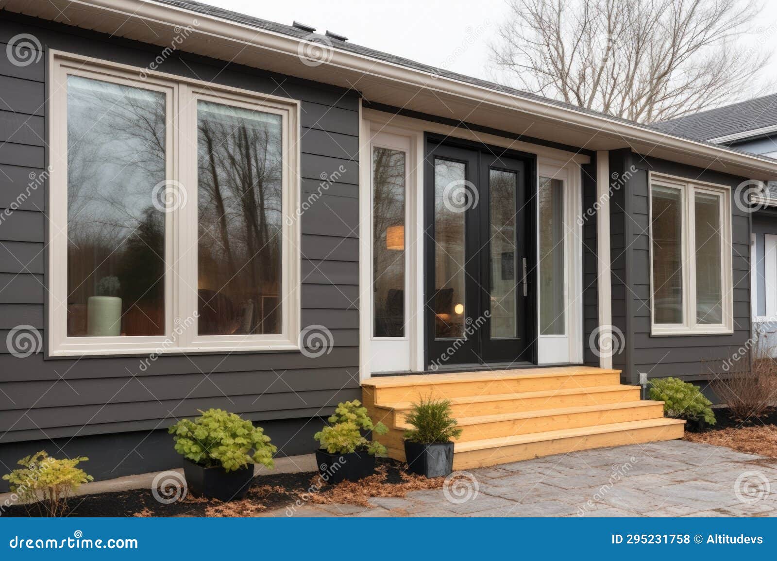 Close-up of Saltbox House with Modern Windows and Doors Stock Photo ...
