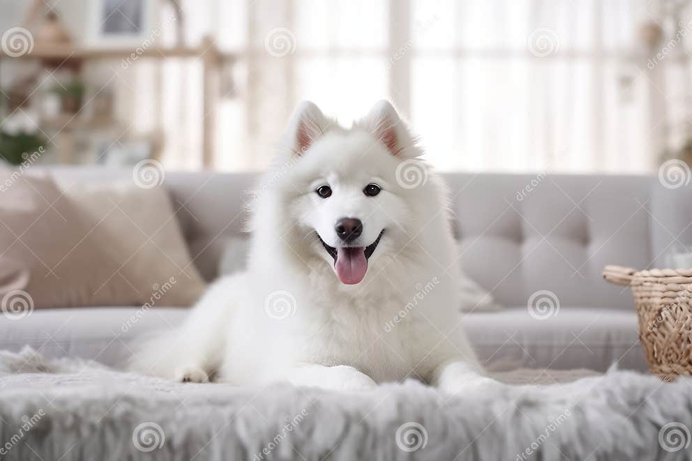 Close Up of Samoyed Dog Sit on Sofa Generative AI Stock Illustration ...