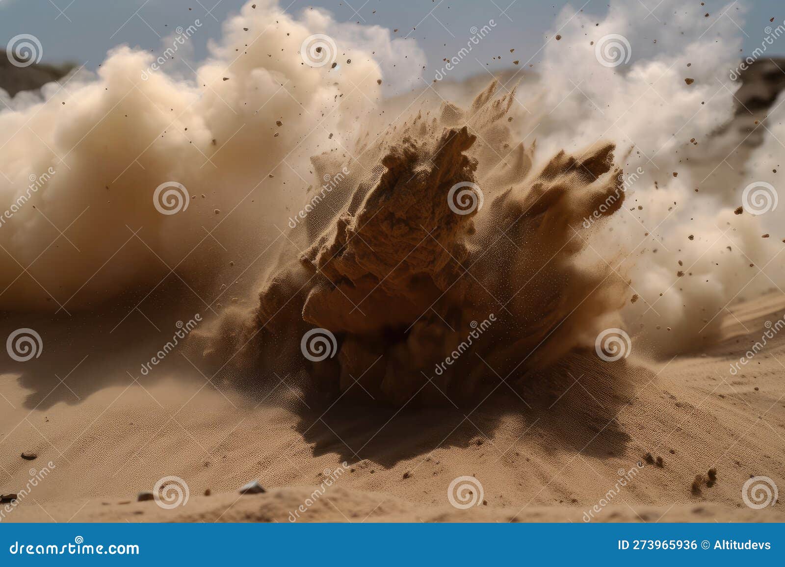 Close-up of Sand Explosion, with Dust and Fragments Flying in the Air ...