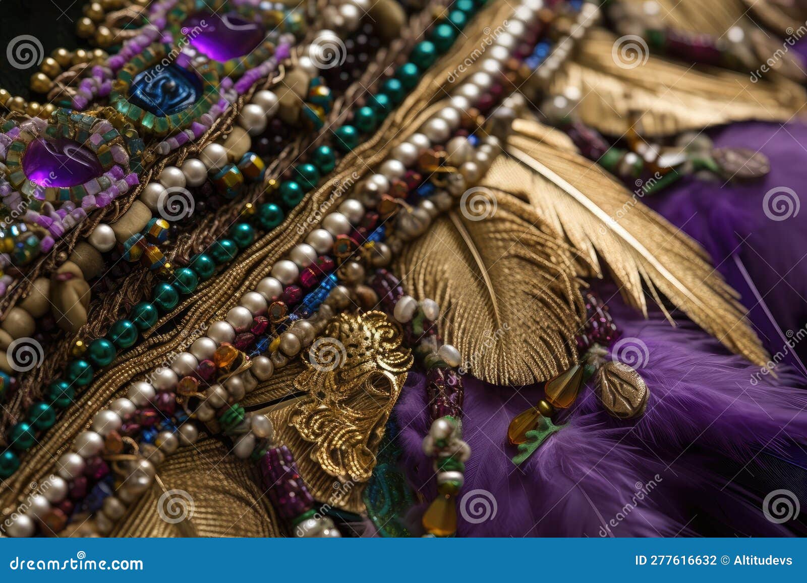 Close-up of Sash on Mardi Gras Card, with Intricate Beadwork and Fringe ...