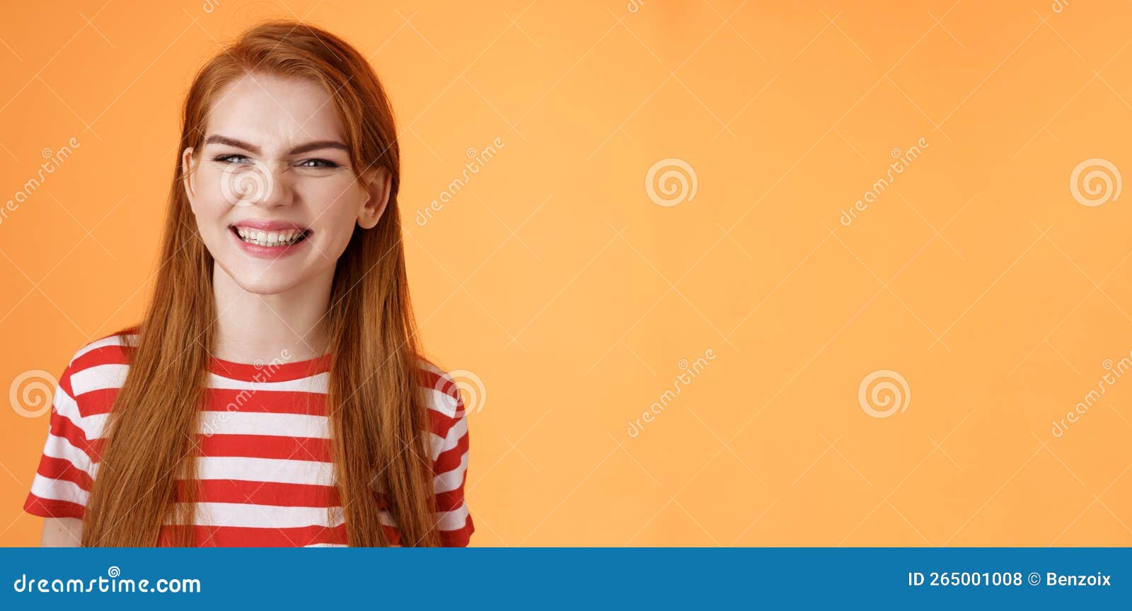 Close Up Sassy Good Looking Cheerful Redhead Sly Girl Smiling Toothy