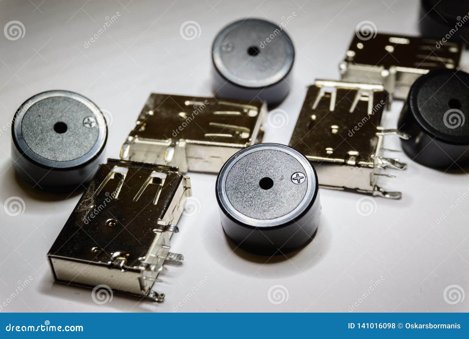 Close-up of Scattered USB Socket and Buzzer Electronics Components on ...