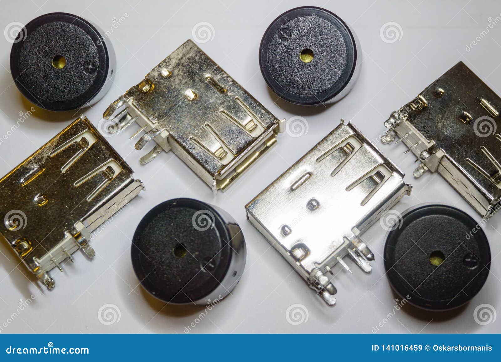 Close-up of Scattered USB Socket and Buzzer Electronics Components on ...