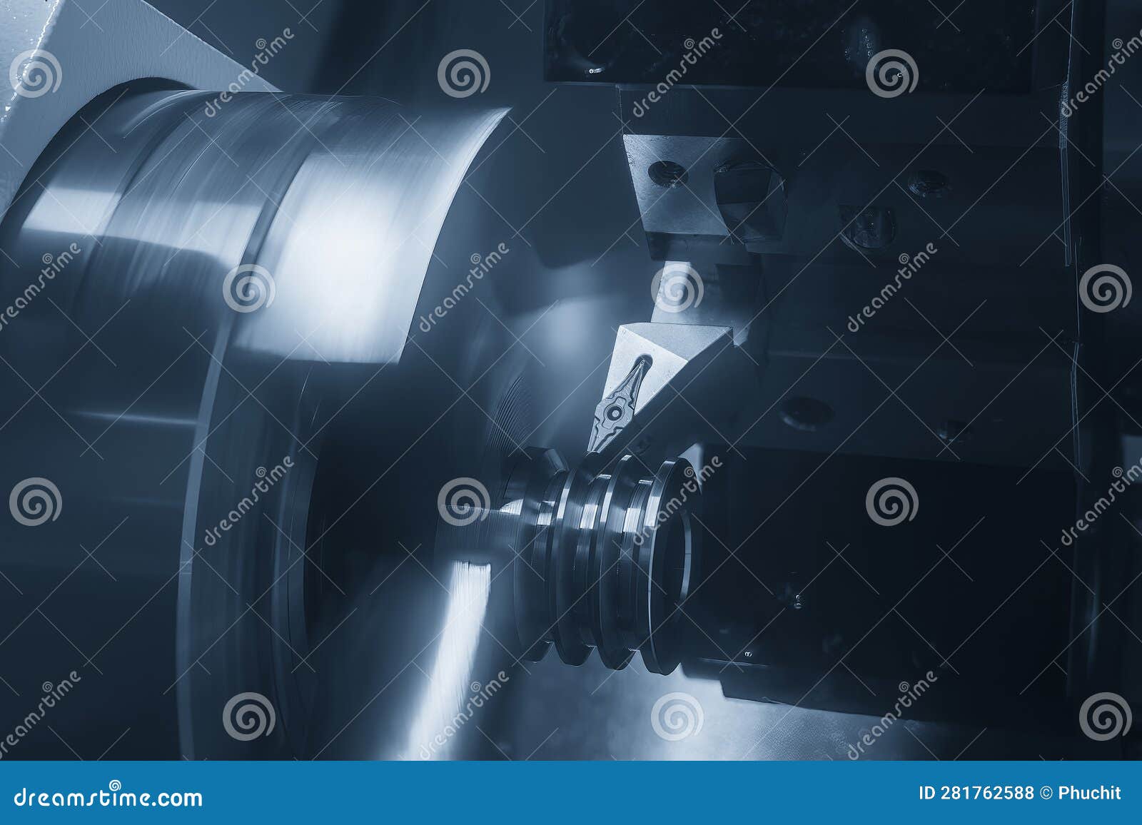 Close Up Scene the Chip Insert Tool Operation on CNC Lathe Machine ...
