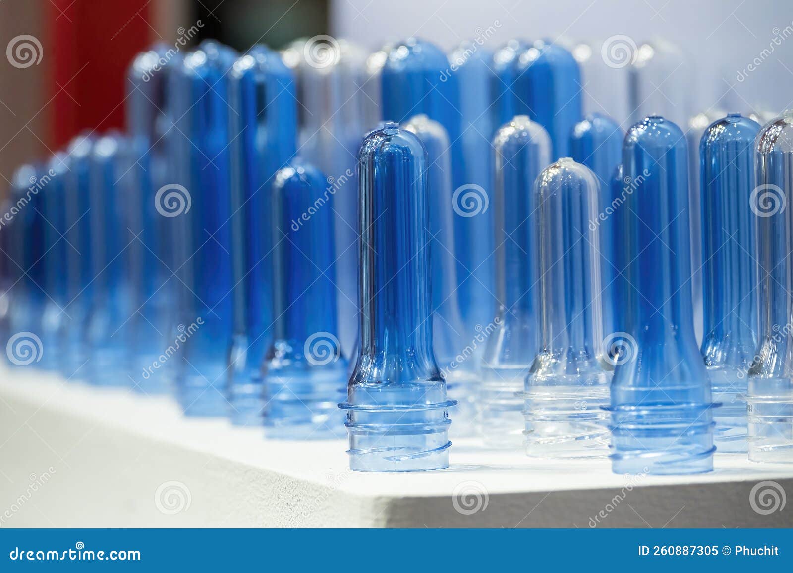 The Close Up Scene of Group of Preform Shape of PET Bottle Products ...