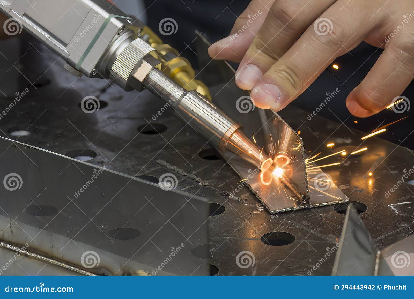 Close Up Scene the Laser Welding Process with the Sparking Light Stock ...