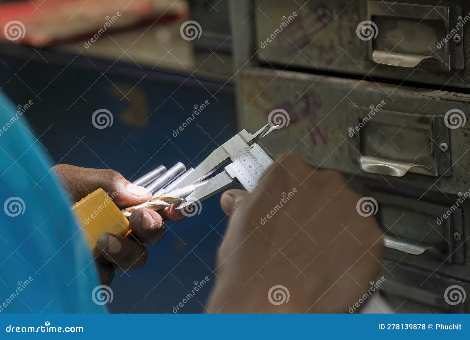 Close Up Scene the Machine Operator Measuring Outside Dimension Drill ...