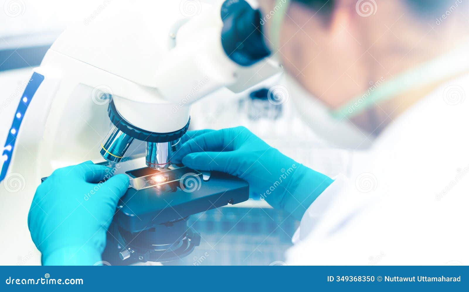 Close Up of Scientist Hands with Microscope in Medical Research Lab or ...