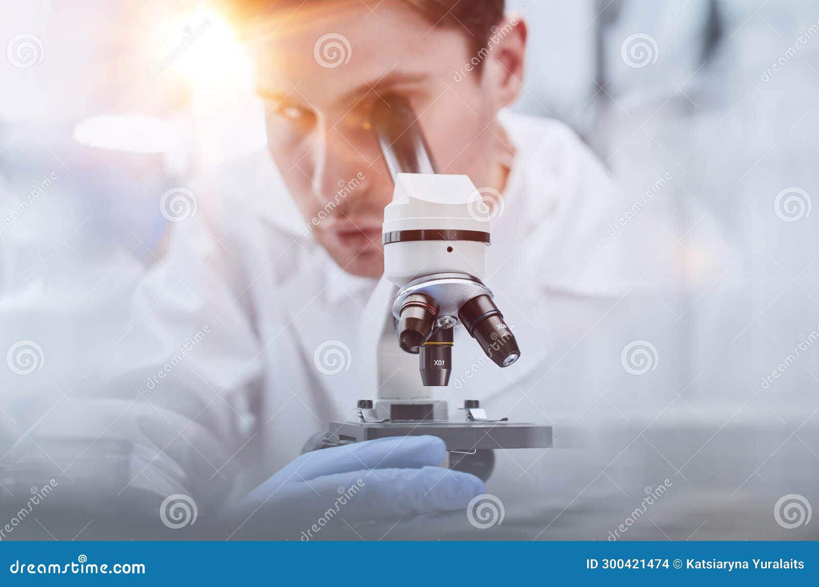 Close Up. the Scientist Looks through the Microscope Stock Photo ...