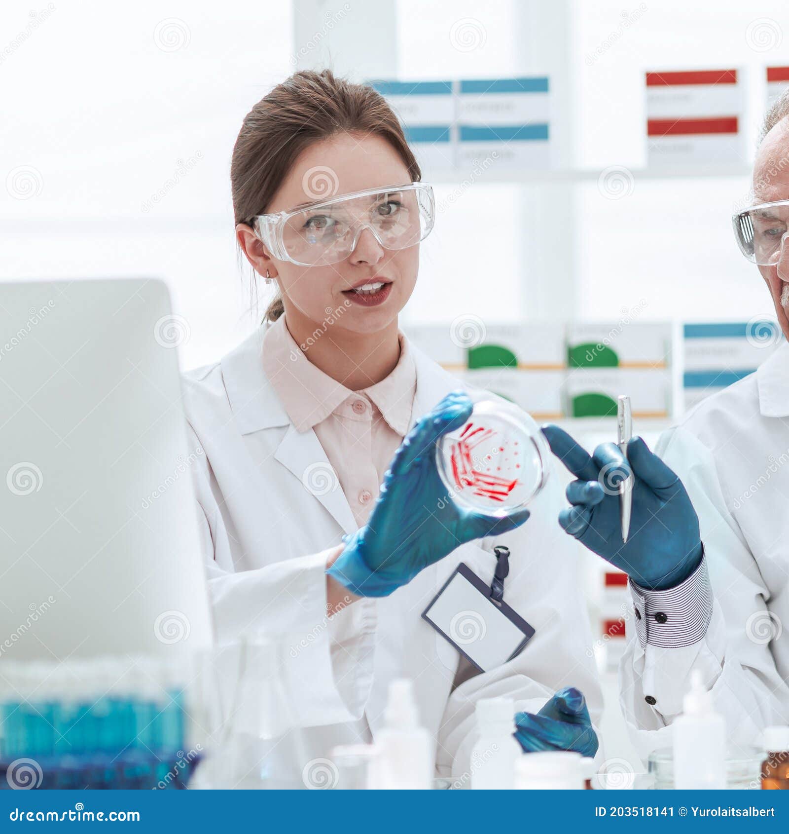 Close Up. Scientists Discussing Samples Sitting at a Laboratory Table ...